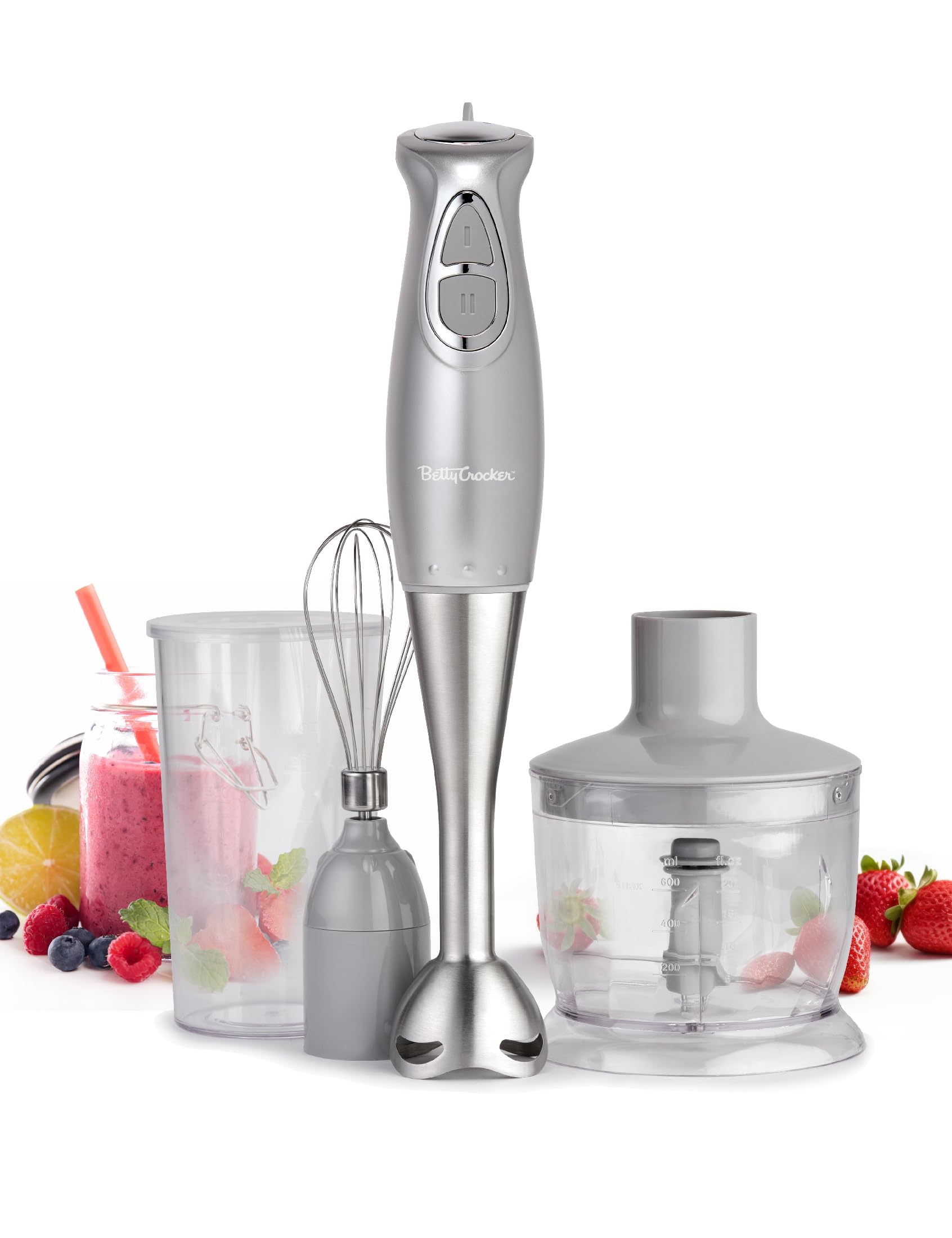 BETTY CROCKER Immersion Blender for Home & Kitchen, 2-Speed Hand Mixer Electric Handheld with Stainless Steel Blade, Beaker & Whisk, 250W Portable Blender with Ergonomic Handle, Silver