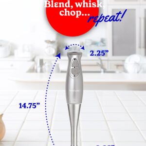 BETTY CROCKER Immersion Blender for Home & Kitchen, 2-Speed Hand Mixer Electric Handheld with Stainless Steel Blade, Beaker & Whisk, 250W Portable Blender with Ergonomic Handle, Silver