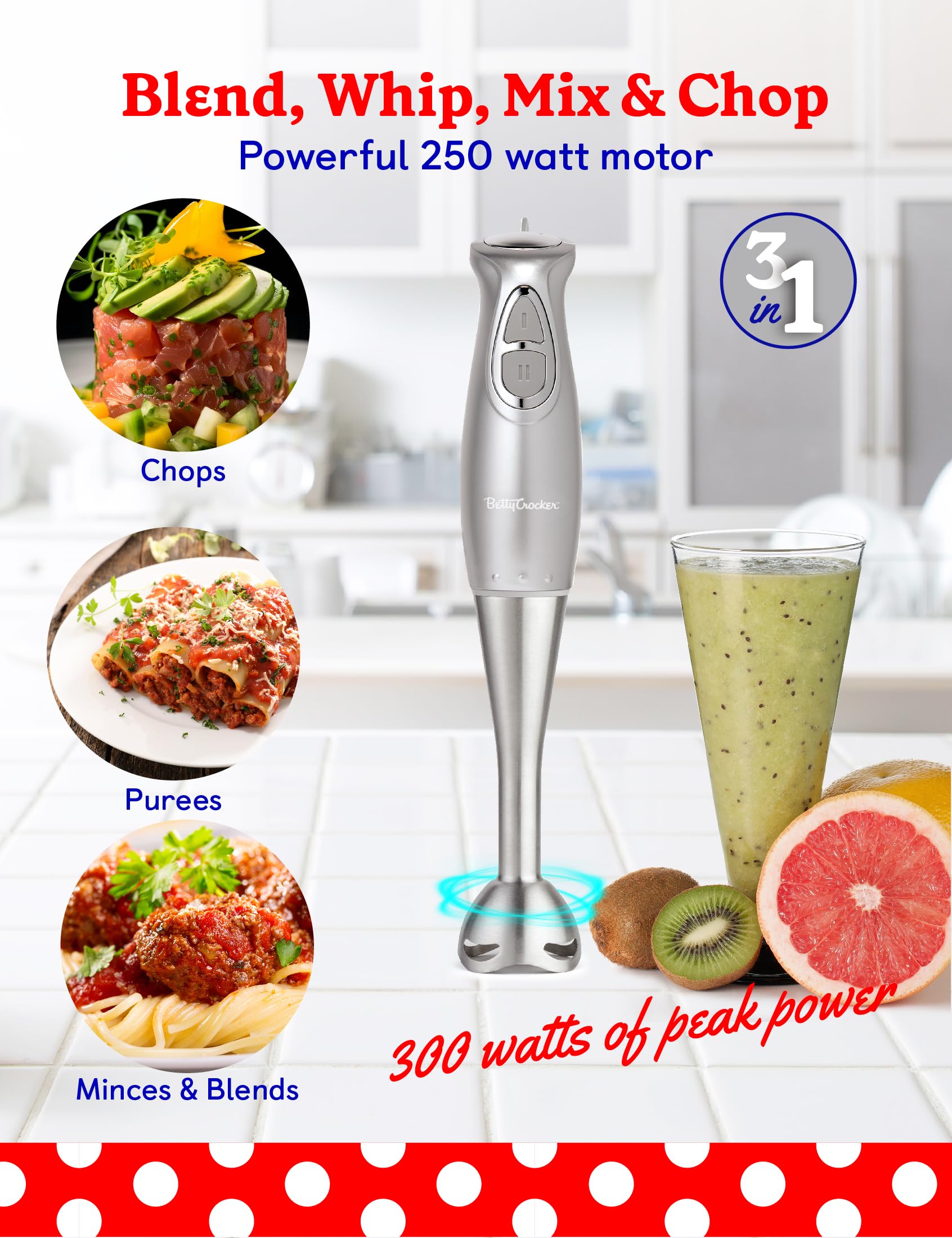 BETTY CROCKER Immersion Blender for Home & Kitchen, 2-Speed Hand Mixer Electric Handheld with Stainless Steel Blade, Beaker & Whisk, 250W Portable Blender with Ergonomic Handle, Silver