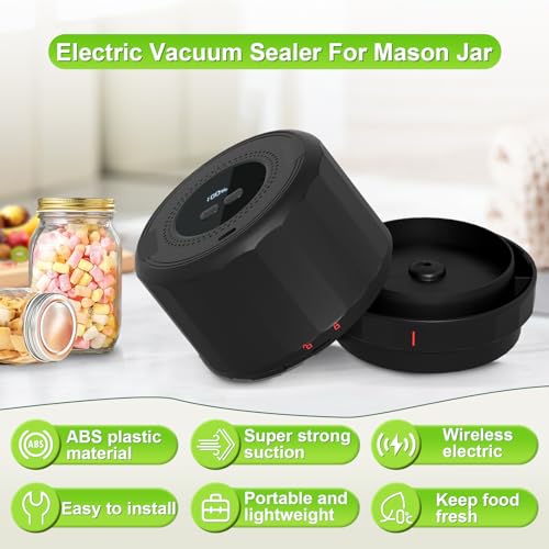 Electric Mason Jar Vacuum Sealer - Mason Jar Vacuum Sealer Kit with Wide Regular Mouth Mason lids - Canning Vacuum Sealer Mason Jar for Food Storage - Jar Vacuum Sealer for Mason Jars - Black 1…