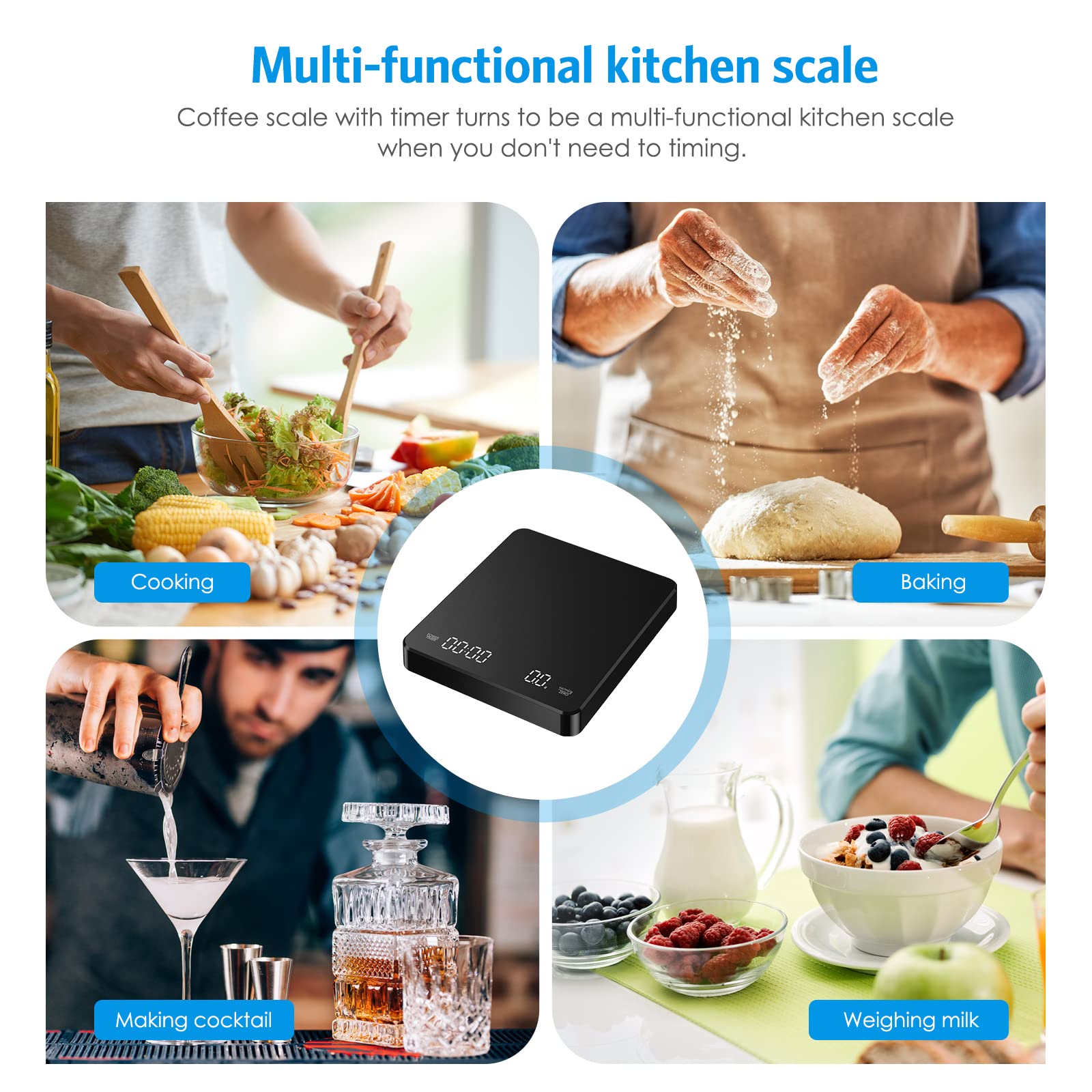 AMIR Digital Kitchen Scale with Timer, Drip Espresso Scale 3kg/0.1g High Precision, Rechargeable Portable Coffee Scale, 3 Units, Tare, Auto Off