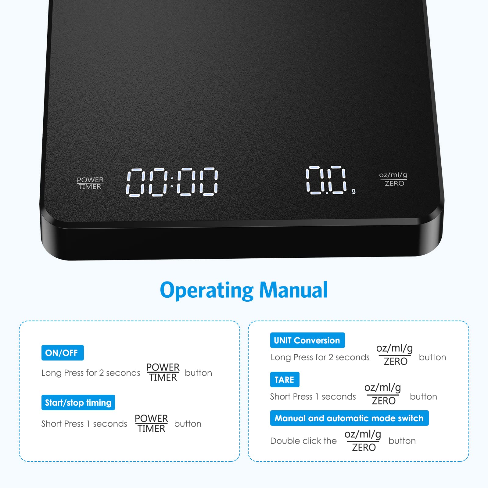 AMIR Digital Kitchen Scale with Timer, Drip Espresso Scale 3kg/0.1g High Precision, Rechargeable Portable Coffee Scale, 3 Units, Tare, Auto Off