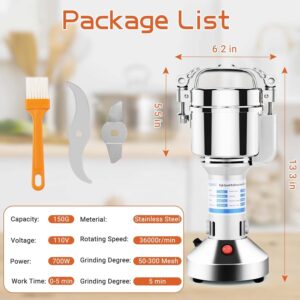 BAOJIAFU Electric Grain Mill Grinder 150g High-speed Grain Spice Herb Grinder 700W Dry Grinder Machine 304 Stainless Steel Superfine powder Grinder 36000r/min for Kitchen Home and Commercial (150G)