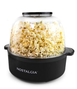 nostalgia 6-quart stirring popcorn popper with quick-heat technology, makes 24 cups of popcorn, kernel measuring cup, oil free, makes roasted nuts, perfect for birthday parties, black