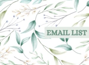 email list: guest book with email address, name and comments, email log book, business mailing list book, art show exhibition, green foliage design