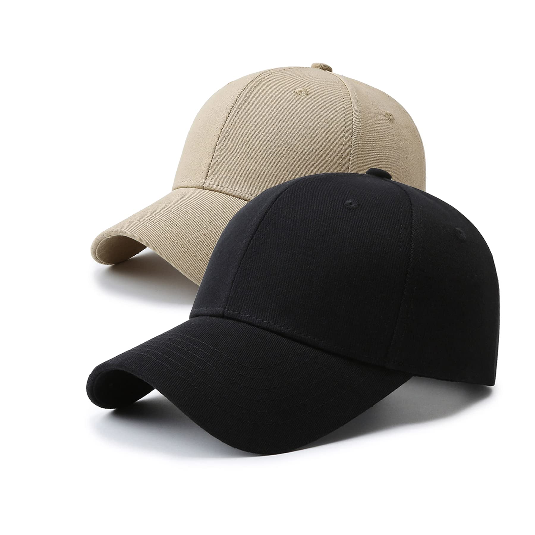 NPQQUAN 2 PACKS Stiff Structured Front Panels Baseball Cap Golf Dad Hat for Men and Women Hat Black+Khaki