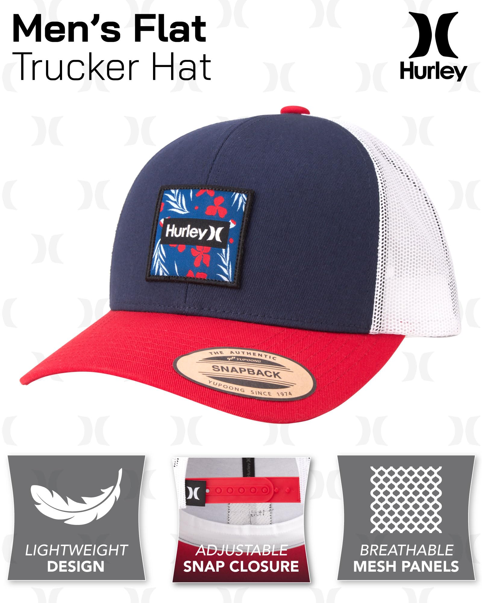 Hurley Men's Caps - Fairway Trucker Mesh Panel Baseball Cap Trucker Hat - Snap Back Hats for Men, Size One Size, Team Red