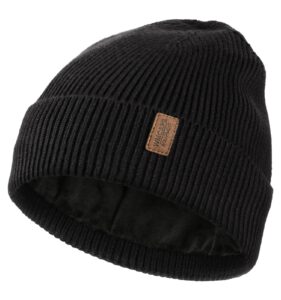 winter beanie hats for men women, fleece lined beanie soft warm knit hat ski stocking cuffed cap (black)