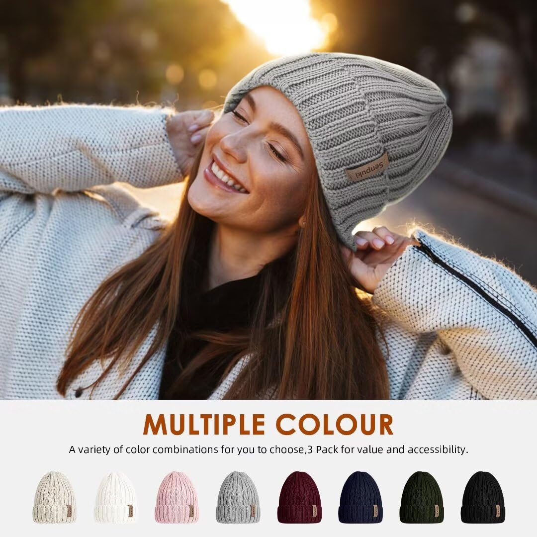 Womens Winter Knitted Beanie Hat 3PCS,Warm Knit Fashionable Caps,Womens Beanie for Fall Cold Weather Color1