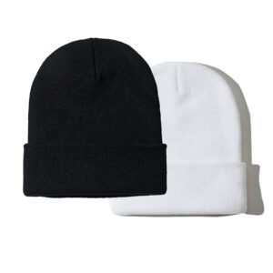 pffy 2 packs unisex beanie hats for men and women knit winter beanies black+white