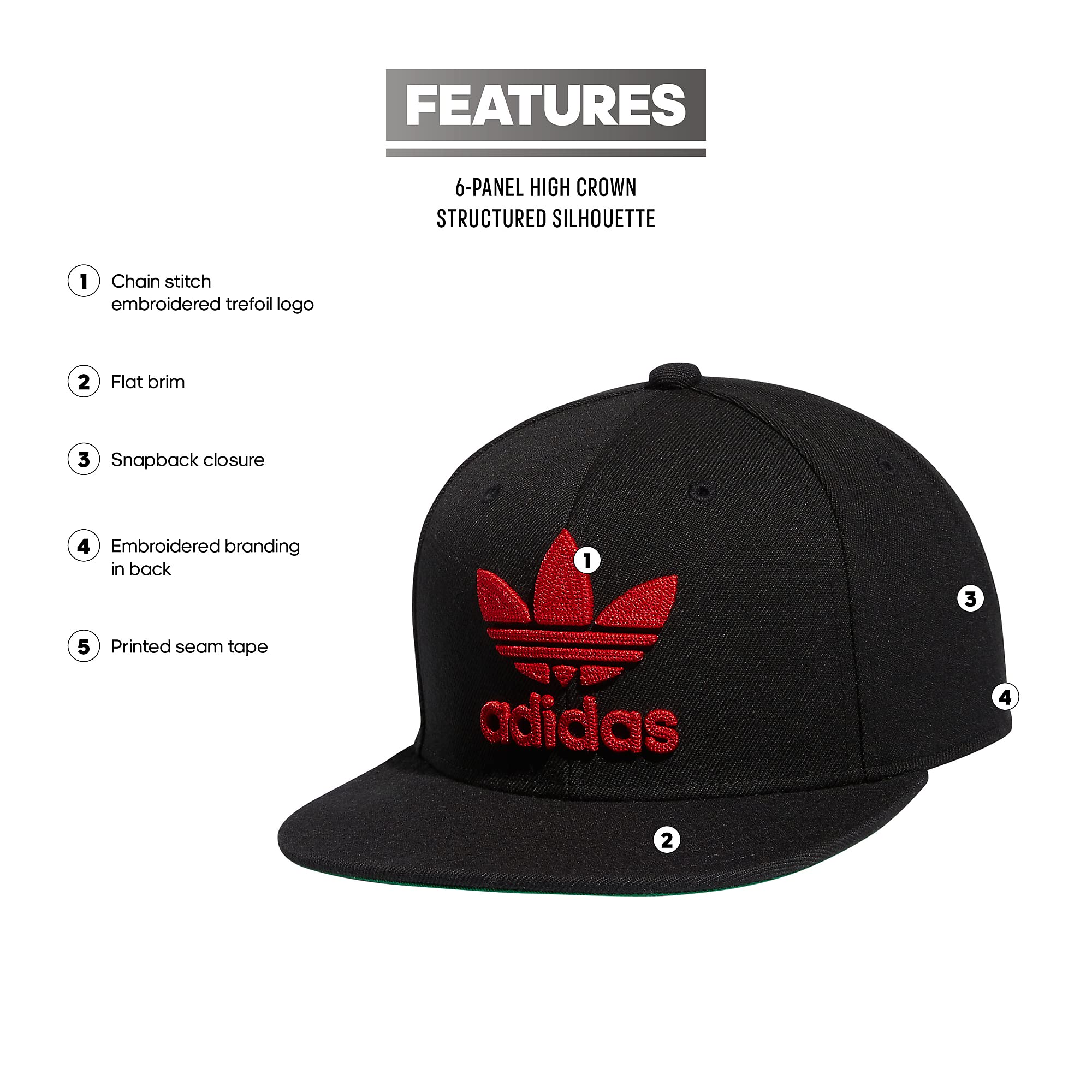 adidas Originals Men's Trefoil Chain Flatbrim Snapback Cap, Black/Better Scarlet, One Size