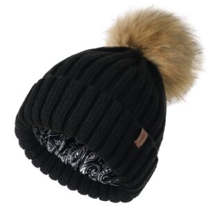 furtalk womens beanie satin lined knitted beanie with pom winter hat for women black