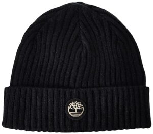 timberland men's ribbed watch cap with logo plate, black, one size