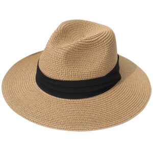 lanzom women wide brim straw panama roll up hat fedora beach sun hat upf50+ (a-square belt brown)