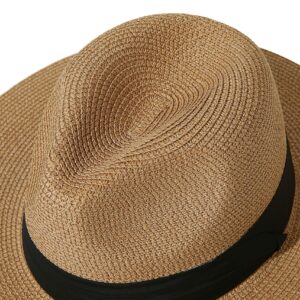 Lanzom Women Wide Brim Straw Panama Roll up Hat Fedora Beach Sun Hat UPF50+ (A-Square Belt Brown)