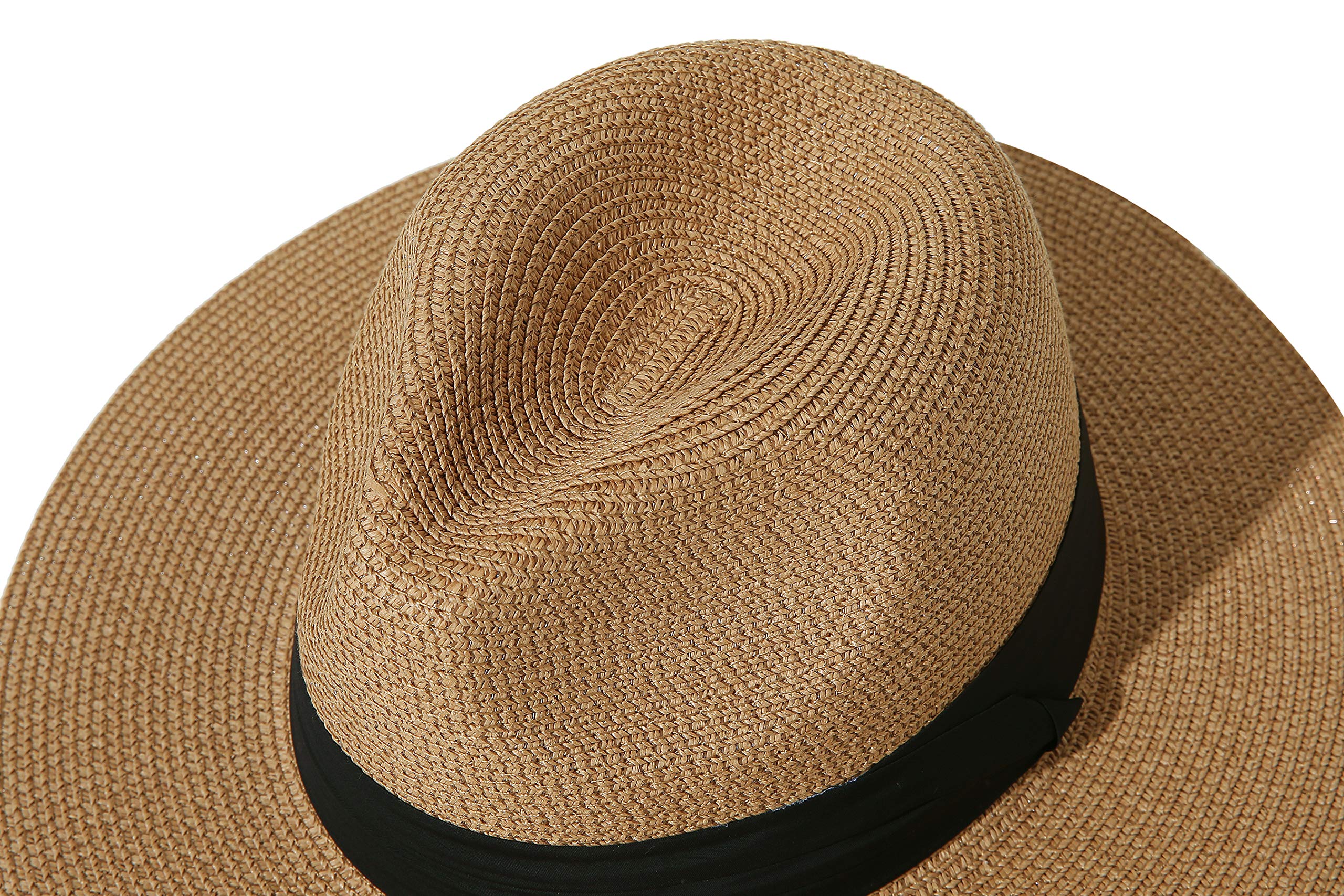 Lanzom Women Wide Brim Straw Panama Roll up Hat Fedora Beach Sun Hat UPF50+ (A-Square Belt Brown)