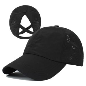 hgge womens criss cross ponytail baseball cap adjustable high messy bun trucker hats quick drying mesh dad ponycap for outdoor sports travel black