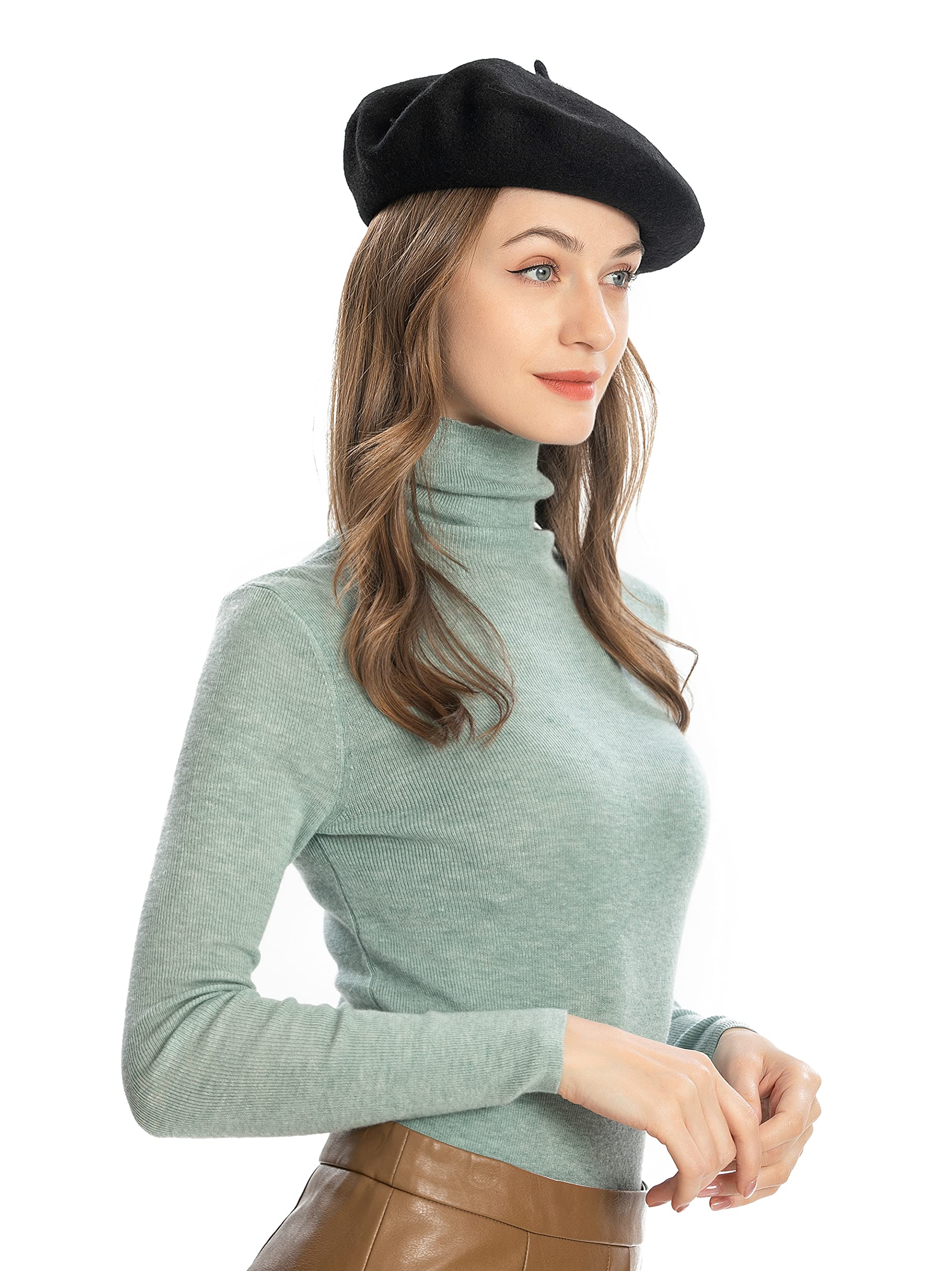 ZLYC Wool French Beret Hat Solid Color Beret Cap for Women Girls (Black)