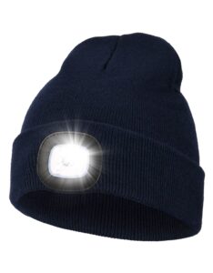 unisex led beanie with light, usb rechargeable hands free led headlamp hat, knitted night light beanie cap flashlight hat, men gifts for dad father husband (navy blue)