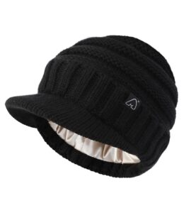 hat hut beanie hat for women men satin lined beanie for women satin lined winter hat slouchy hat with visor brim (black)