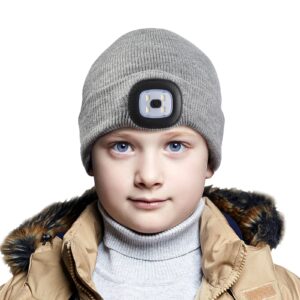 etsfmoa unisex beanie with the light,gifts for kids boys and girls children usb rechargeable headlamp cap grey