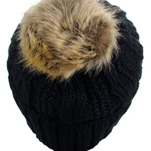 C.C Thick Cable Knit Faux Fuzzy Fur Pom Fleece Lined Skull Cap Cuff Beanie, Black