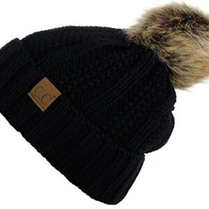 C.C Thick Cable Knit Faux Fuzzy Fur Pom Fleece Lined Skull Cap Cuff Beanie, Black