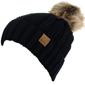 C.C Thick Cable Knit Faux Fuzzy Fur Pom Fleece Lined Skull Cap Cuff Beanie, Black