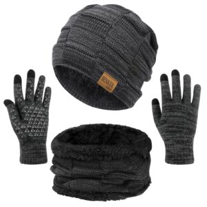 3 pieces winter hat scarf and gloves set for men and women, knit slouchy beanie cap&neck warmer&screen-touch texting gloves black