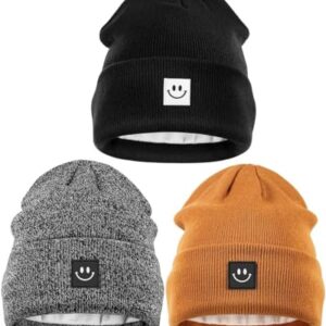 Winter Beanie Hats for Women Men 3Pack,Fleece Lined Womens Winter Hats with Smiley Face,Warm Cute Beanie for Cold Weather（Camel+Black+Black/White）