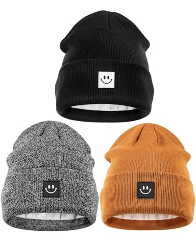 Winter Beanie Hats for Women Men 3Pack,Fleece Lined Womens Winter Hats with Smiley Face,Warm Cute Beanie for Cold Weather（Camel+Black+Black/White）