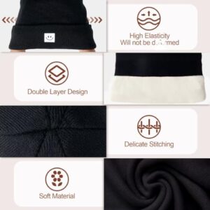 Winter Beanie Hats for Women Men 3Pack,Fleece Lined Womens Winter Hats with Smiley Face,Warm Cute Beanie for Cold Weather（Camel+Black+Black/White）