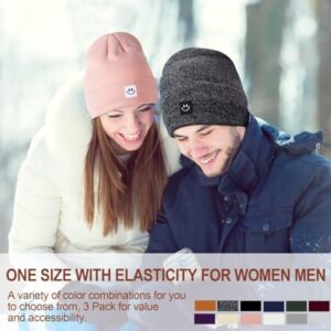 Winter Beanie Hats for Women Men 3Pack,Fleece Lined Womens Winter Hats with Smiley Face,Warm Cute Beanie for Cold Weather（Camel+Black+Black/White）