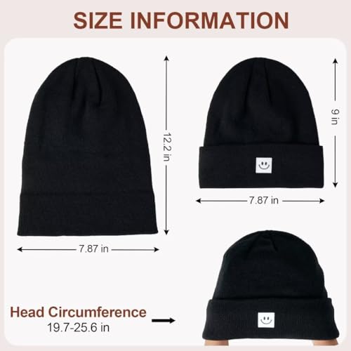 Winter Beanie Hats for Women Men 3Pack,Fleece Lined Womens Winter Hats with Smiley Face,Warm Cute Beanie for Cold Weather（Camel+Black+Black/White）