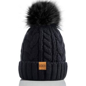 redess women winter pompom beanie hat with warm fleece lined, thick slouchy snow knit skull ski cap