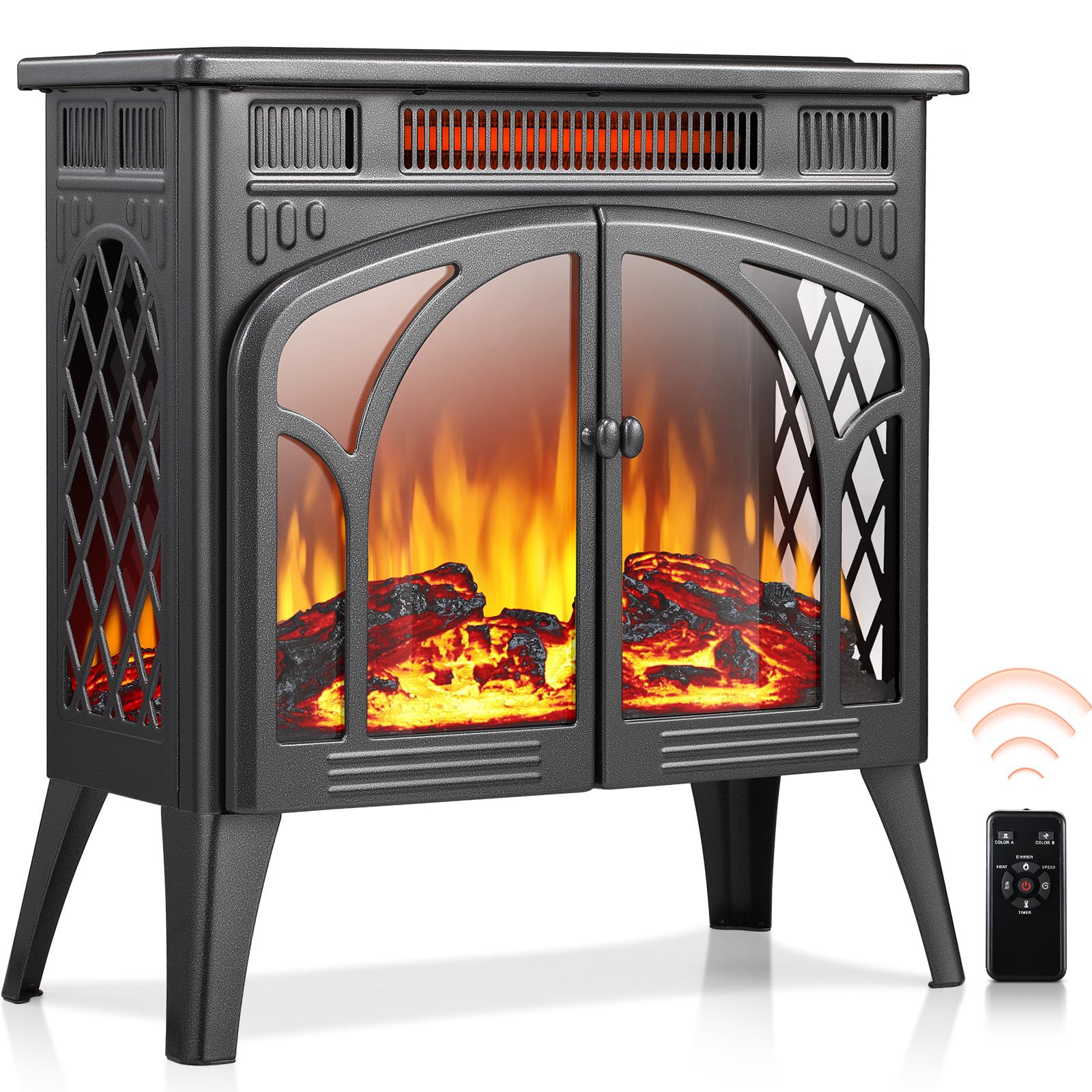 Rintuf Electric Fireplace Heater, 1500W Infrared Fireplace Stove w/3D Realistic Flame, 5100BTU Freestanding Electric Stove Heater with Remote Control, 8H Timer, Ideal for Indoor Outdoor Home Use