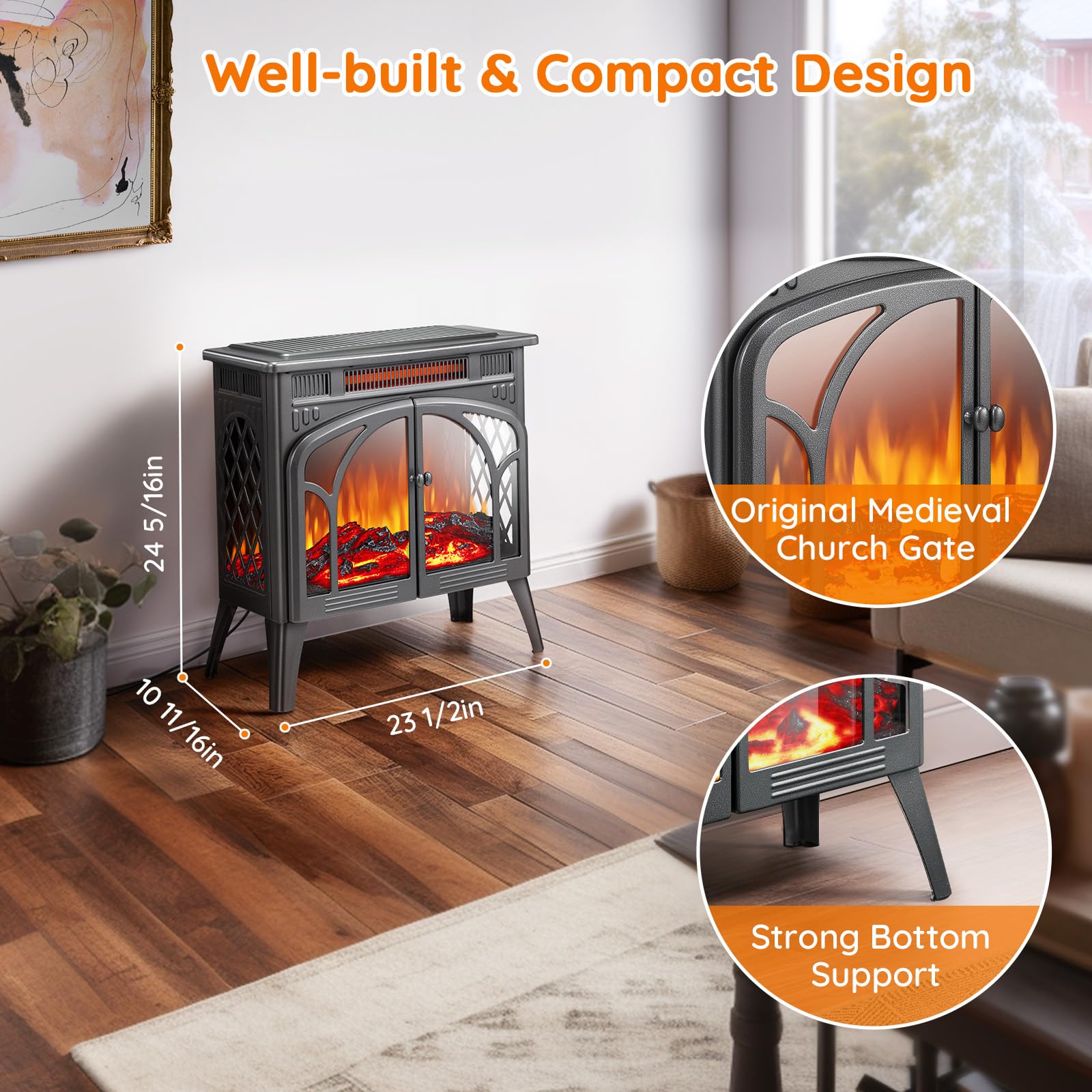 Rintuf Electric Fireplace Heater, 1500W Infrared Fireplace Stove w/3D Realistic Flame, 5100BTU Freestanding Electric Stove Heater with Remote Control, 8H Timer, Ideal for Indoor Outdoor Home Use