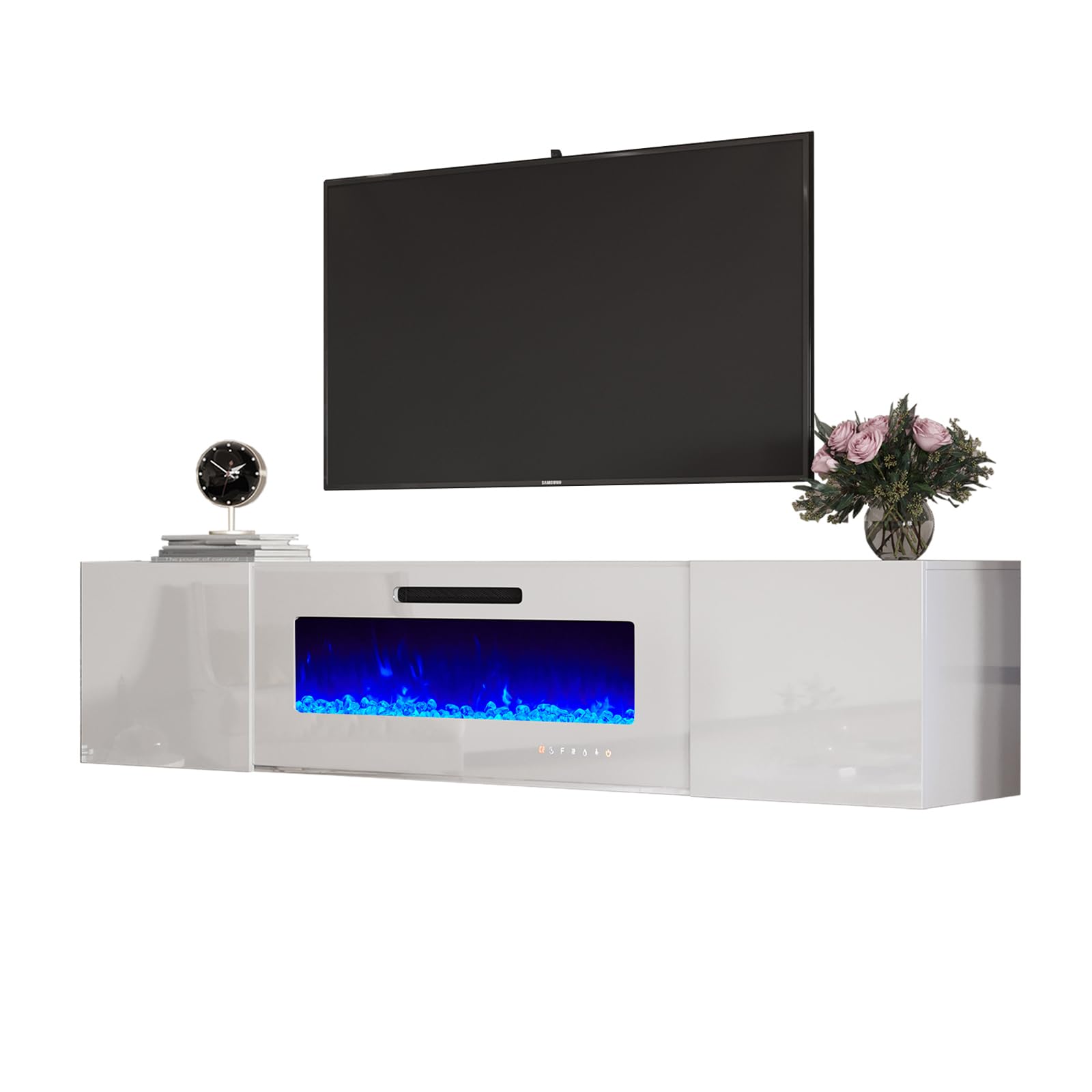 AMERLIFE Floating Fireplace TV Stand, Wall Mounted Mirrored Entertainment Center with 40" Electric Fireplace, Modern LED Lights Media Console for TVs Up to 90", All White