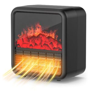 small portable space heater for indoor use with realistic 3d flame, mini electric fireplace heater with thermostat, 1500w/750w ptc ceramic heating, tip-over safety switch, black