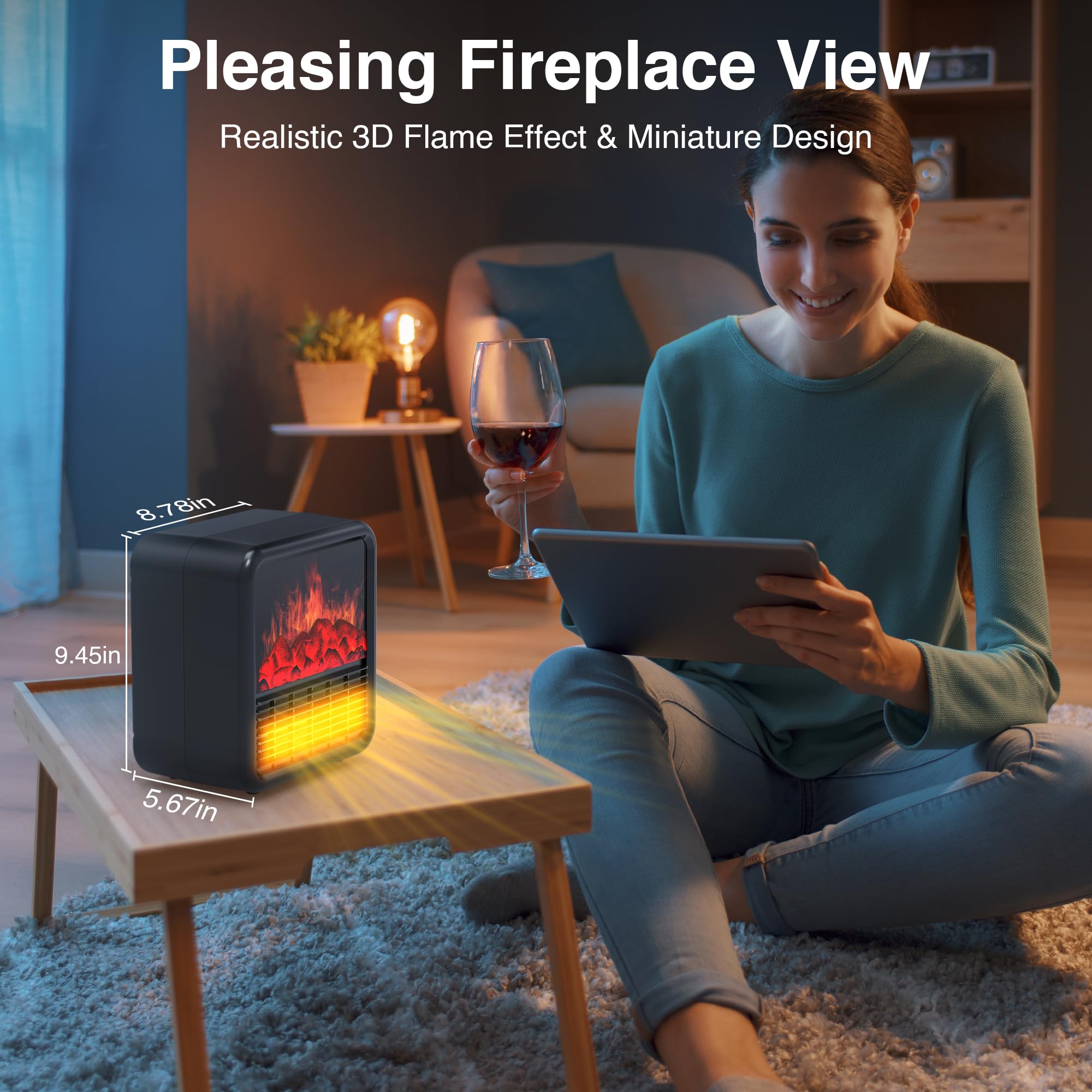 Small Portable Space Heater for indoor use with realistic 3D flame, Mini Electric Fireplace Heater with Thermostat, 1500W/750W PTC Ceramic Heating, Tip-Over Safety Switch, Black