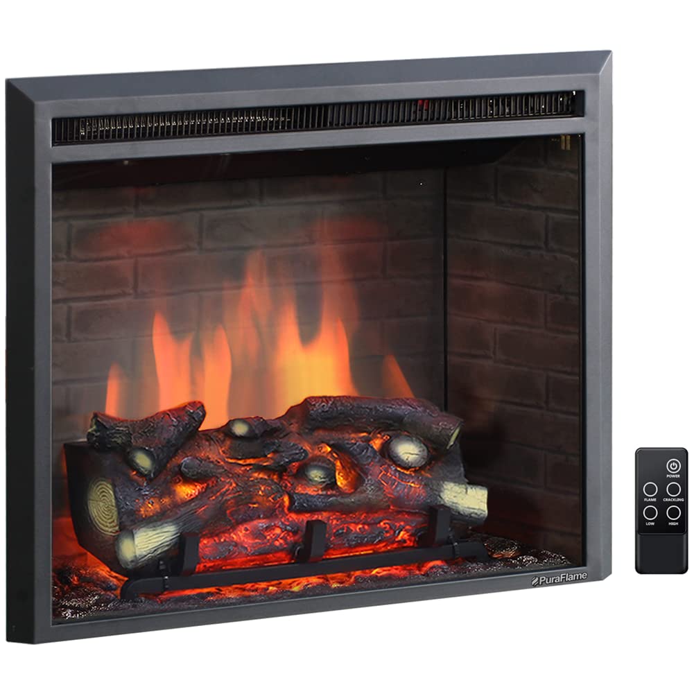 PuraFlame Western Electric Fireplace Insert with Fire Crackling Sound, Remote Control, 750/1500W, Black, 25 63/64 Inches Wide, 23 3/16 Inches High