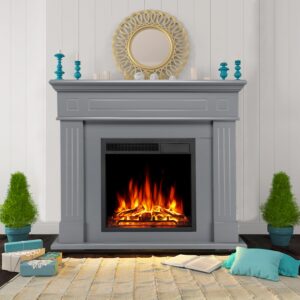 electric fireplace with mantel, tall fire place heater freestanding with remote control led flame for living room bedroom, gray