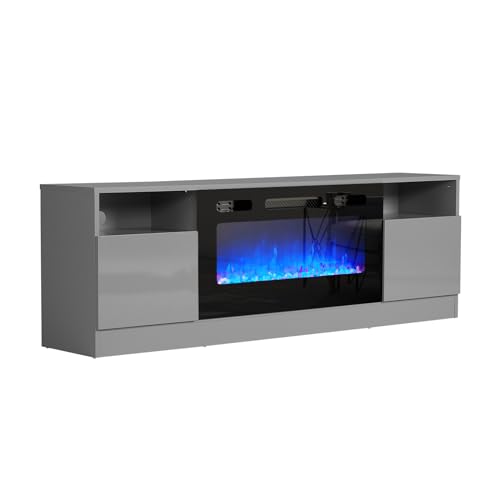 AMERLIFE TV Stand with Fireplace, LED Light Entertainment Center with 36" Electric Fireplace, 70" Modern Wood Entertainment Stand with Highlight Storage Cabinet for TVs up to 80", Grey