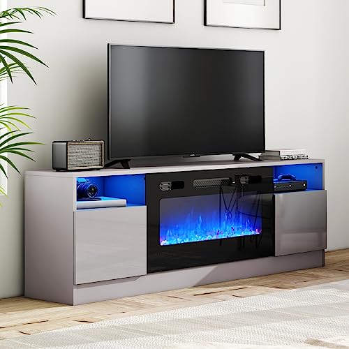 AMERLIFE TV Stand with Fireplace, LED Light Entertainment Center with 36" Electric Fireplace, 70" Modern Wood Entertainment Stand with Highlight Storage Cabinet for TVs up to 80", Grey