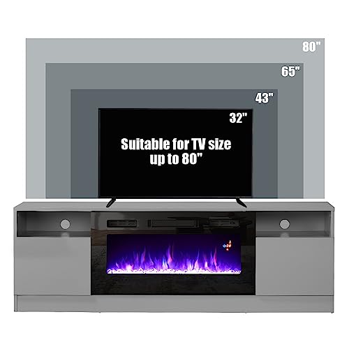 AMERLIFE TV Stand with Fireplace, LED Light Entertainment Center with 36" Electric Fireplace, 70" Modern Wood Entertainment Stand with Highlight Storage Cabinet for TVs up to 80", Grey