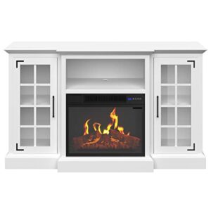 tv stand with electric fireplace fits tvs up to 65-inches - media console with storage cabinet, adjustable heat, and led flames by northwest (white)