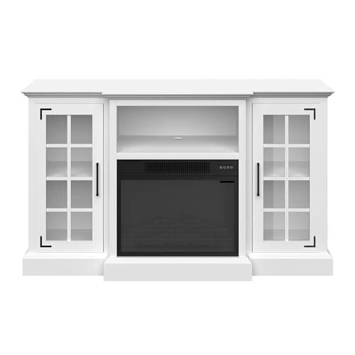 TV Stand with Electric Fireplace Fits TVs up to 65-Inches - Media Console with Storage Cabinet, Adjustable Heat, and LED Flames by Northwest (White)