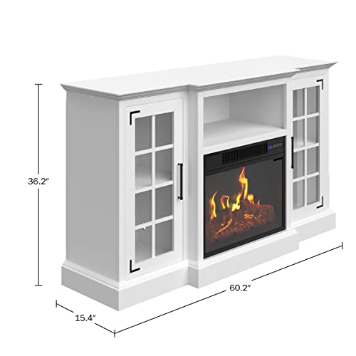 TV Stand with Electric Fireplace Fits TVs up to 65-Inches - Media Console with Storage Cabinet, Adjustable Heat, and LED Flames by Northwest (White)