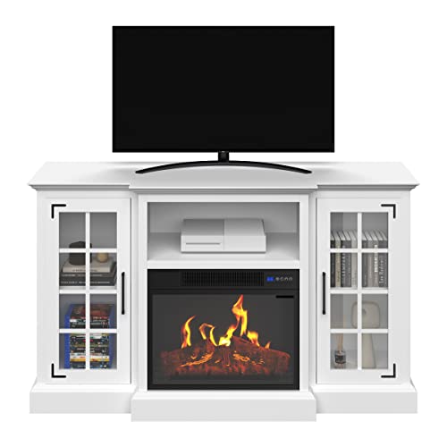 TV Stand with Electric Fireplace Fits TVs up to 65-Inches - Media Console with Storage Cabinet, Adjustable Heat, and LED Flames by Northwest (White)