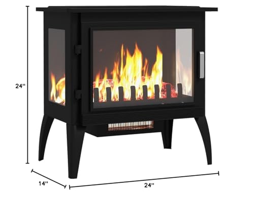 24" Electric Fireplace Heater, Freestanding Fireplace Stove, Realistic LED Flames, Adjustable Brightness, Overheating Safe Protection, Black